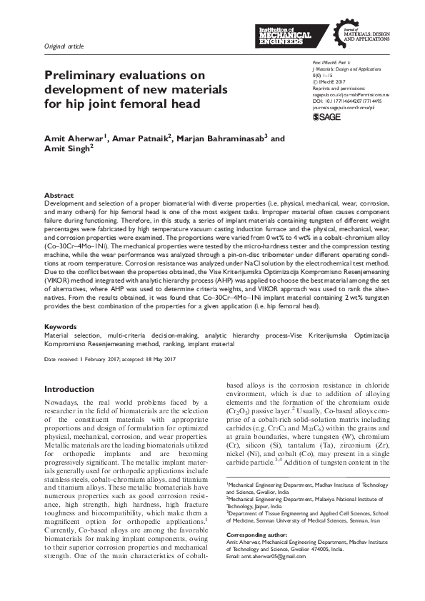 (PDF) Preliminary evaluations on development of new materials for hip joint femoral head