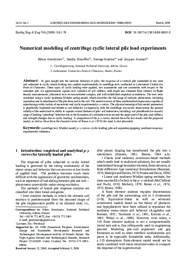 (PDF) Numerical modeling of centrifuge cyclic lateral pile load experiments