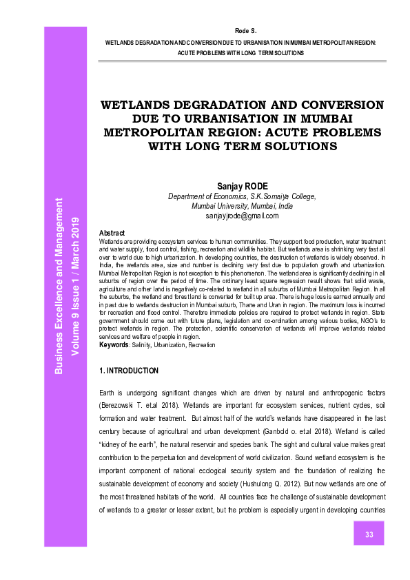 (PDF) Wetlands Degradation and Conversion Due to Urbanisation in Mumbai Metropolitan Region ...