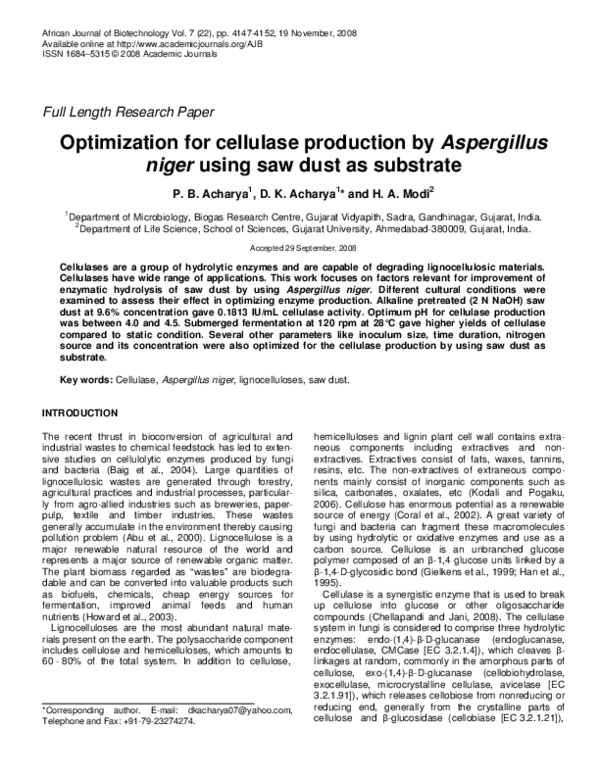 (PDF) Optimization for cellulase production by Aspergillus niger using saw dust as substrate ...