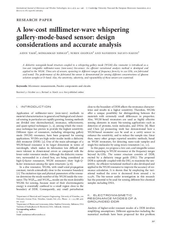 (PDF) A low-cost millimeter-wave whispering gallery-mode-based sensor: design considerations and ...