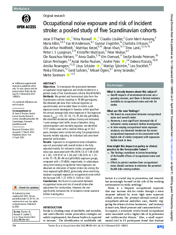 (PDF) Occupational noise exposure and risk of incident stroke: a pooled ...