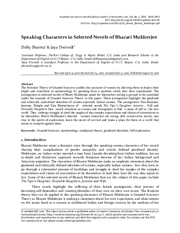 (PDF) Speaking Characters in Selected Novels of Bharati Mukherjee