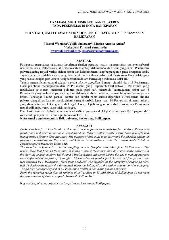 (PDF) Evaluasi Mutu Fisik Sediaan Pulveres Pada Puskesmas DI Kota ...