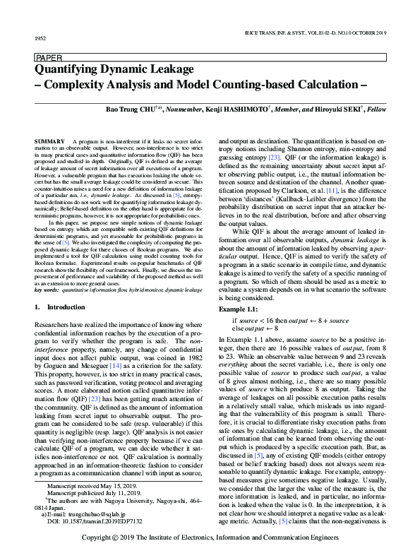 (PDF) Quantifying Dynamic Leakage - Complexity Analysis and Model Counting-based Calculation