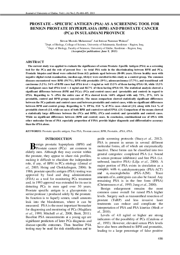 (PDF) Prostate – Specific Antigen (Psa) as a Screening Tool for Benign ...