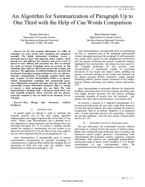 Pdf An Algorithm For Summarization Of Paragraph Up To One Third With