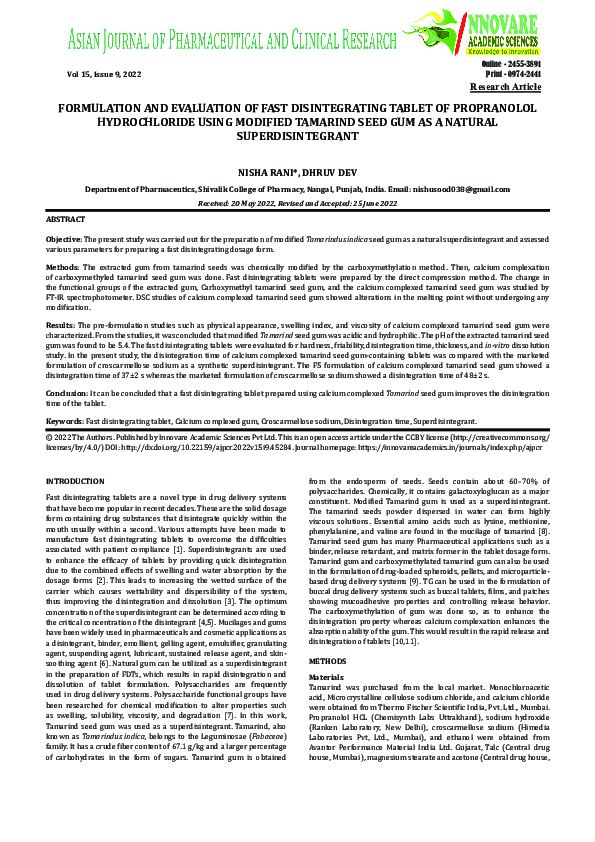 Pdf Formulation And Evaluation Of Fast Disintegrating Tablet Of Propranolol Hydrochloride