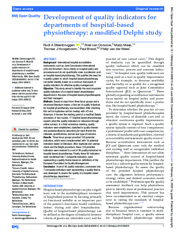 (PDF) Development of quality indicators for departments of hospital-based physiotherapy: a ...