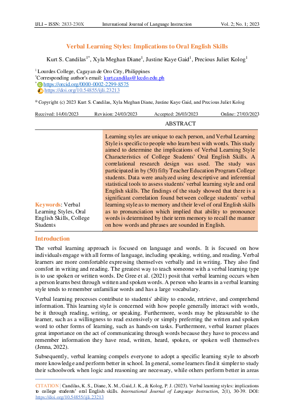 (PDF) Verbal Learning Styles: Implications to College Students’ Oral ...