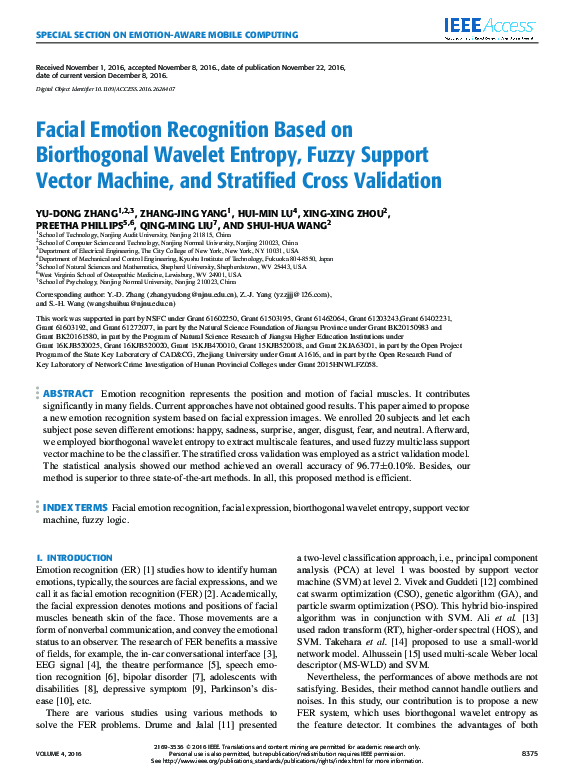 (PDF) Facial Emotion Recognition Based on Biorthogonal Wavelet Entropy, Fuzzy Support Vector ...