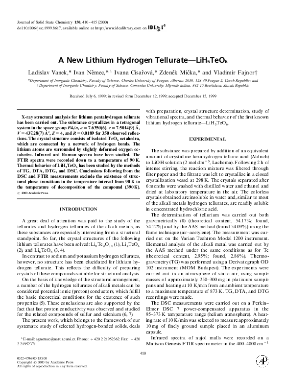 (PDF) A New Lithium Hydrogen Tellurate—LiH5TeO6