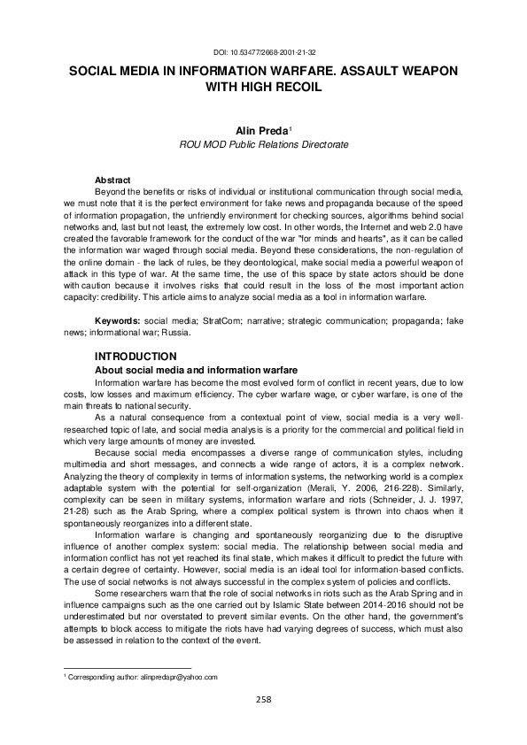 (PDF) Social Media in Information Warfare. Assault Weapon with High Recoil