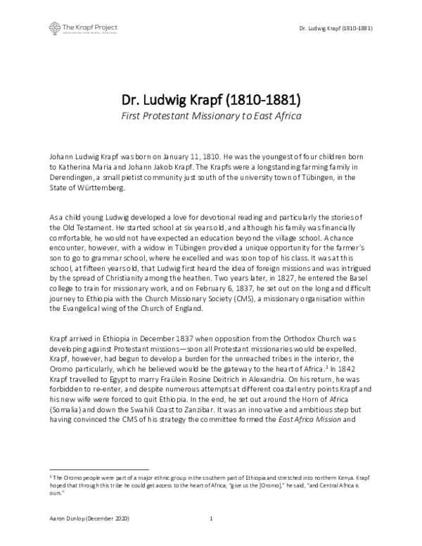 (PDF) Ludwig Krapf: First Protestant Missionary to East Africa