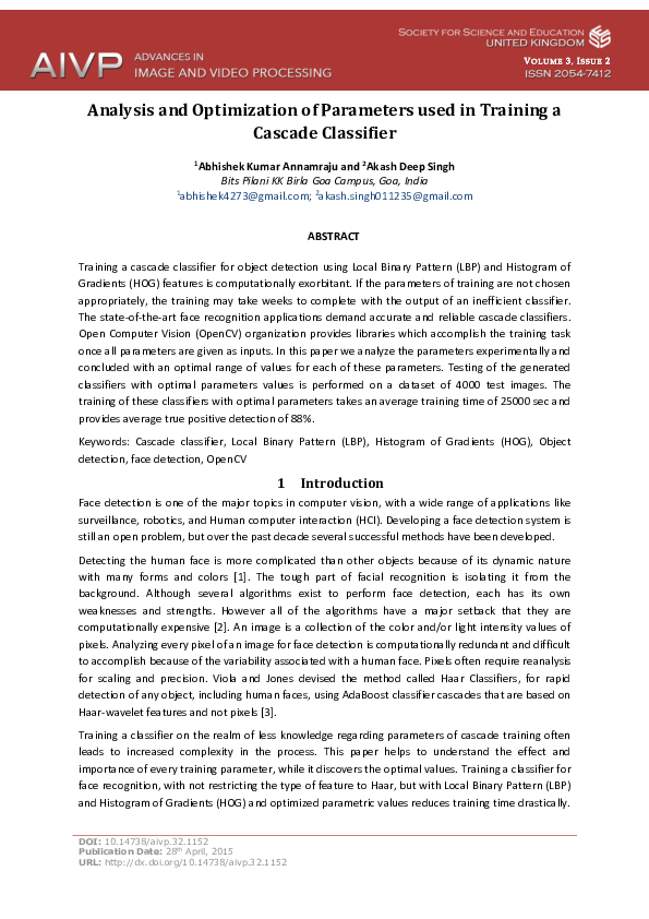 (PDF) Analysis and optimization of parameters used in training a cascade classifier | Abhishek ...