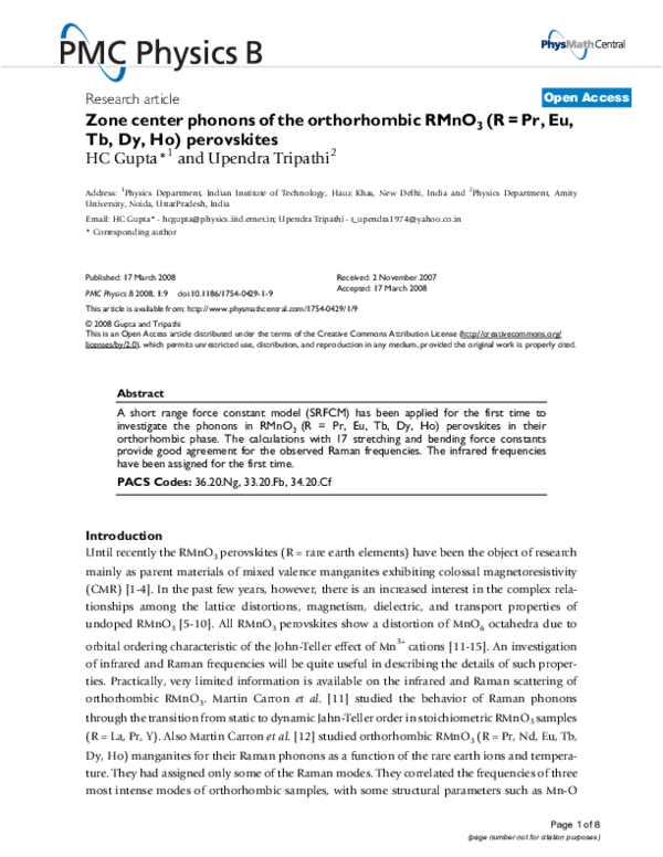 (PDF) Zone center phonons of the orthorhombic RMnO3(R = Pr, Eu, Tb, Dy ...