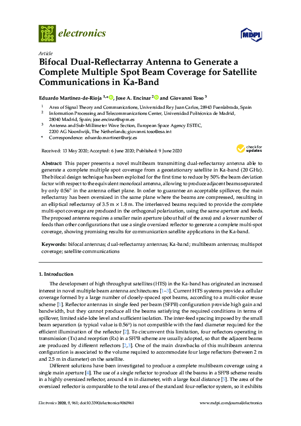 (PDF) Bifocal Dual-Reflectarray Antenna to Generate a Complete Multiple Spot Beam Coverage for ...