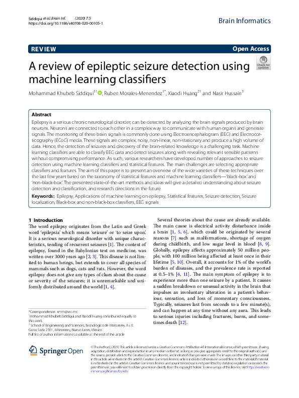 Pdf A Review Of Epileptic Seizure Detection Using Machine Learning Classifiers