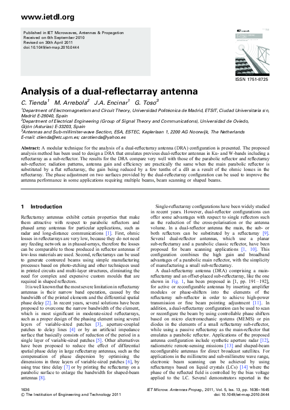 (PDF) Analysis of a dual-reflectarray antenna