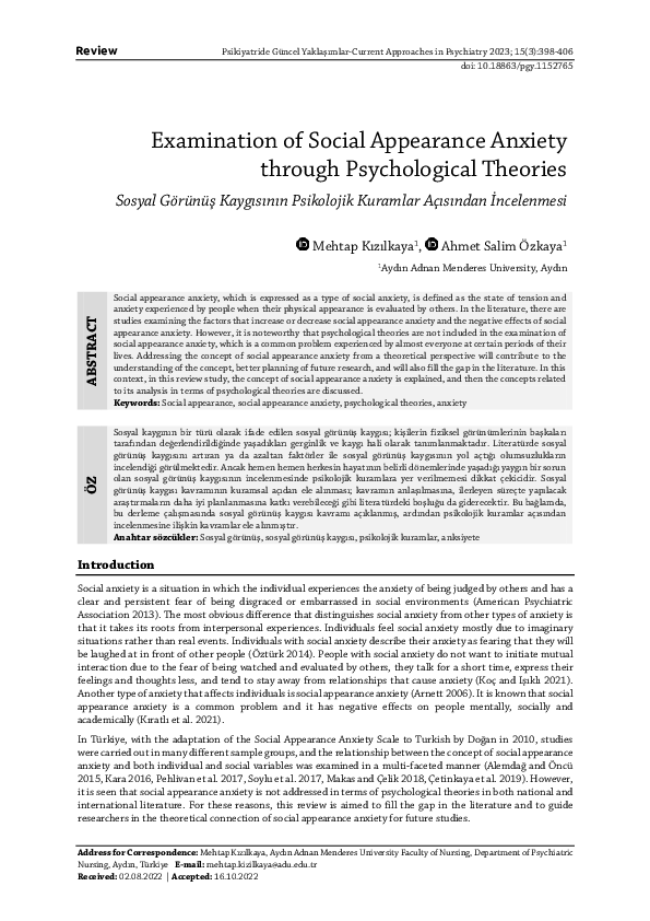 (PDF) Examination of Social Appearance Anxiety through Psychological ...
