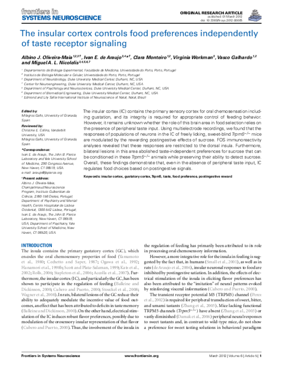 (PDF) The Insular Cortex Controls Food Preferences Independently of ...