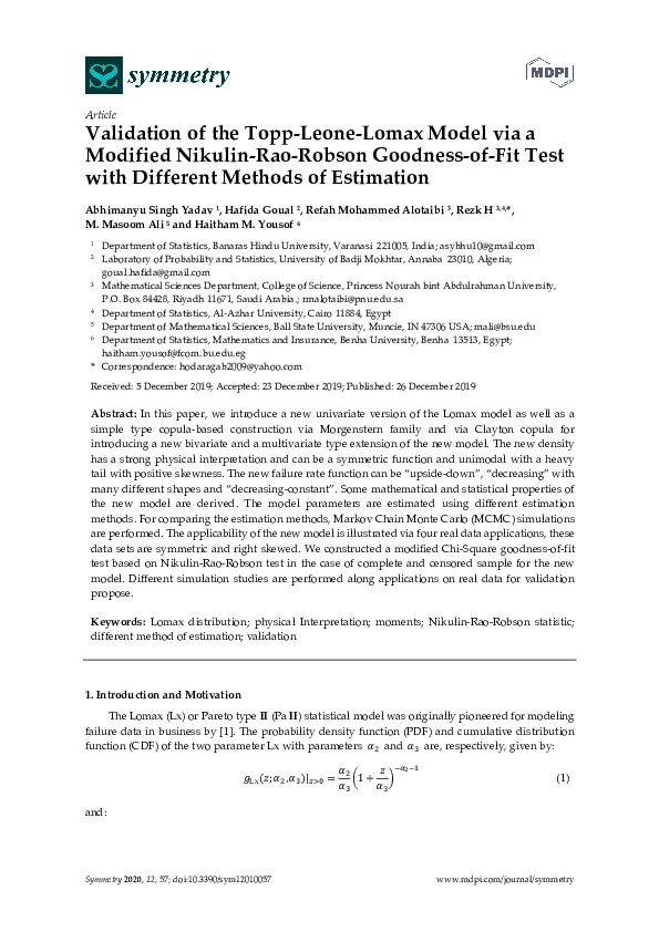 Pdf Validation Of The Topp Leone Lomax Model Via A Modified Nikulin Rao Robson Goodness Of Fit