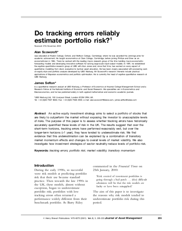 (PDF) Do tracking errors reliably estimate portfolio risk?