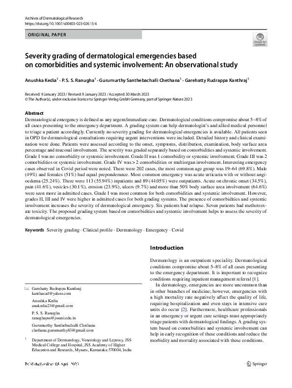 (PDF) Severity grading of dermatological emergencies based on ...
