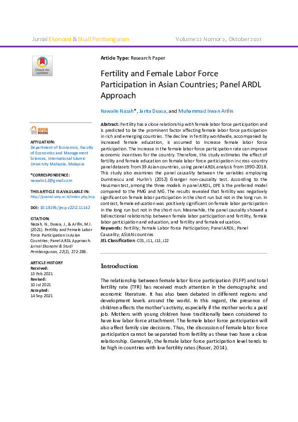 (PDF) Fertility and Female Labor Force Participation in Asian Countries; Panel ARDL Approach