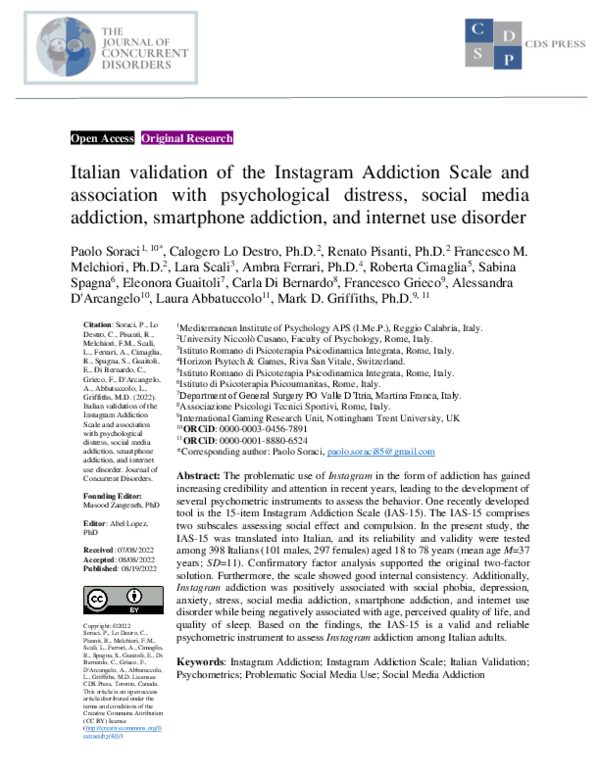 (PDF) Italian validation of the Instagram Addiction Scale and association with psychological ...