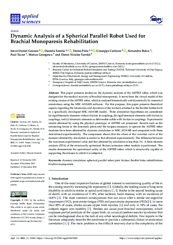 (PDF) Dynamic Analysis of a Spherical Parallel Robot Used for Brachial Monoparesis Rehabilitation