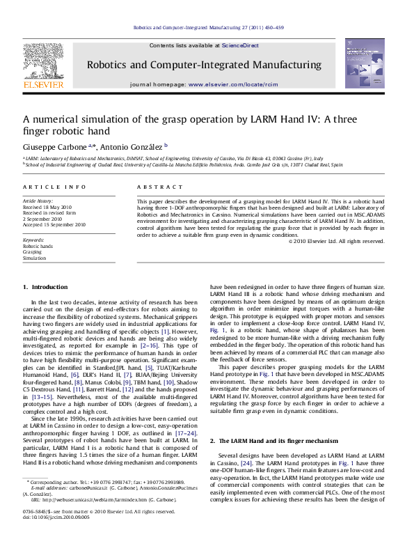 (PDF) A numerical simulation of the grasp operation by LARM Hand IV: A ...