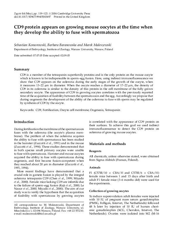 (PDF) CD9 protein appears on growing mouse oocytes at the time when ...