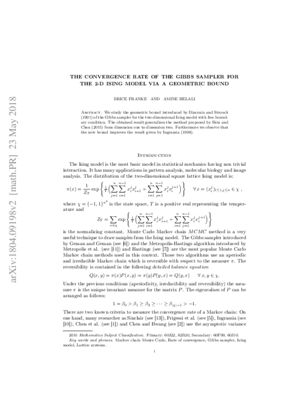 (PDF) The Convergence rate of the Gibbs sampler for the 2-D Ising model by geometric bound