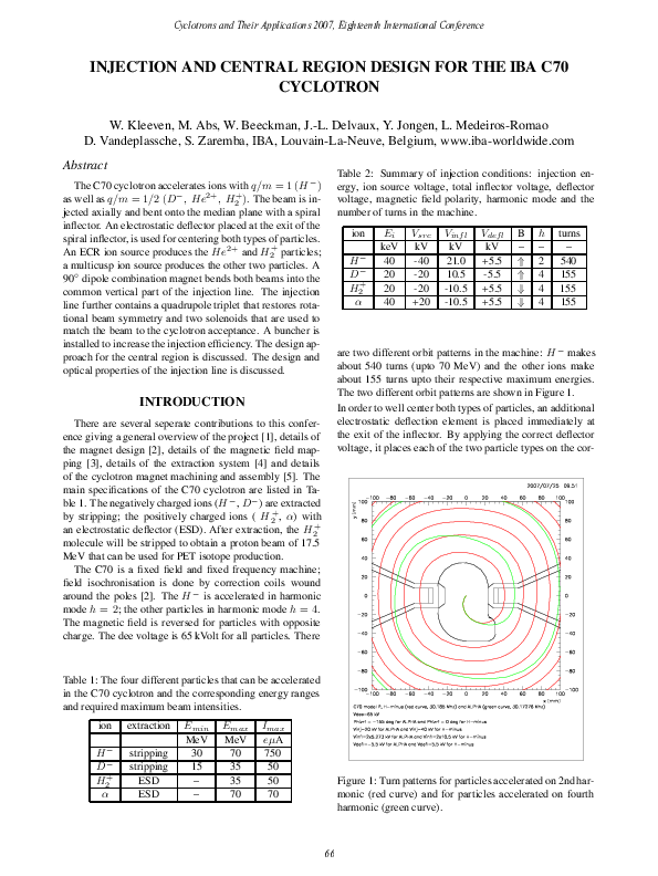 (PDF) Injection and Central Region Design for the Iba C70 Cyclotron