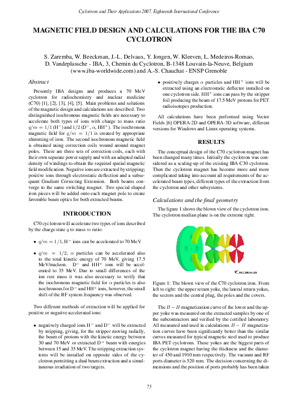 (PDF) Magnetic Field Design and Calculations for the Iba C70 Cyclotron