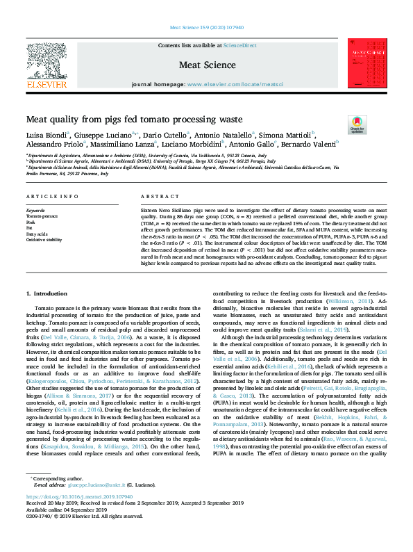 (PDF) Meat quality from pigs fed tomato processing waste