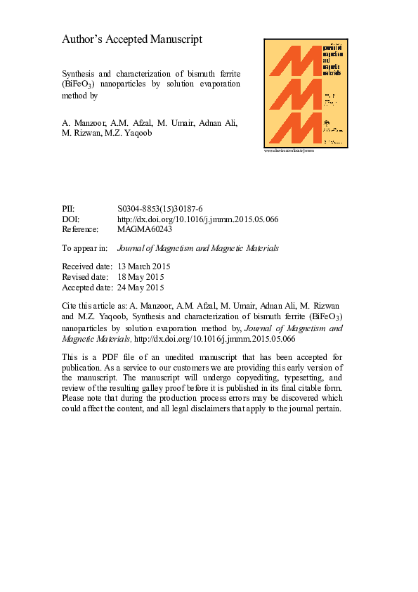 (PDF) Synthesis and characterization of Bismuth ferrite (BiFeO3) nanoparticles by solution ...
