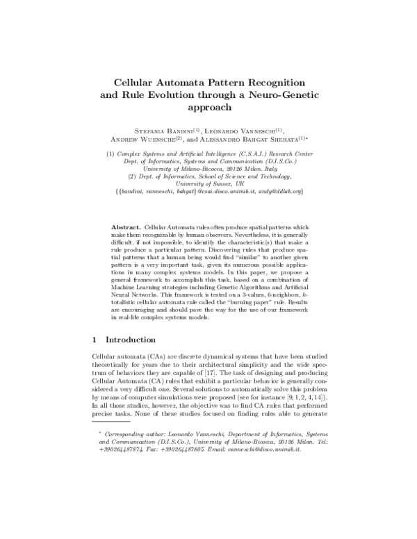 (PDF) Cellular Automata Pattern Recognition and Rule Evolution Through a Neuro-Genetic Approach