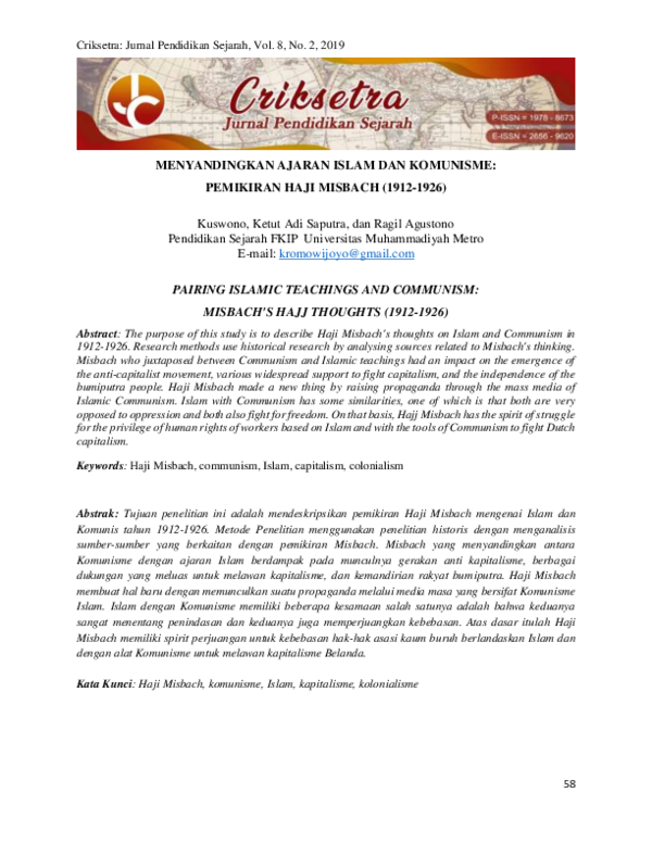 (PDF) Menyandingkan Ajaran Islam dan Komunisme: Pemikiran Haji Misbach ...