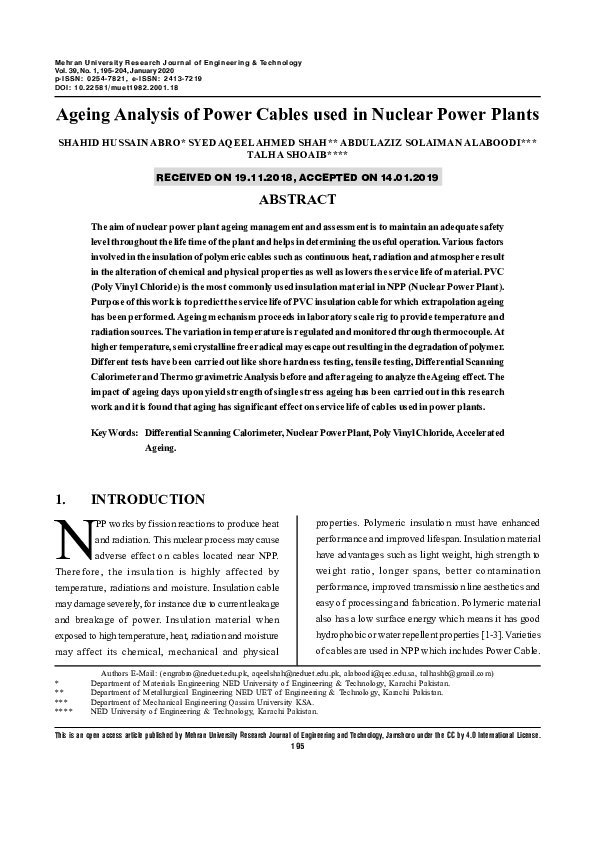 (PDF) Ageing Analysis of Power Cable used in Nuclear Power Plant | syed aqeel shah - Academia.edu