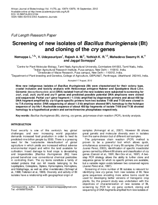 (PDF) Screening of new isolates of Bacillus thuringiensis (Bt) and ...