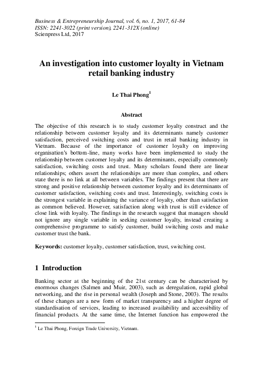 (PDF) An investigation into customer loyalty in Vietnam retail banking ...