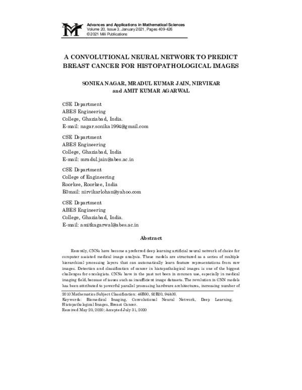Pdf A Convolutional Neural Network To Predict Breast Cancer For Histopathological Images