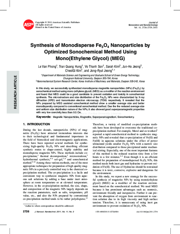 (PDF) Synthesis of Monodisperse Fe3O4 Nanoparticles by Optimized Sonochemical Method Using Mono ...