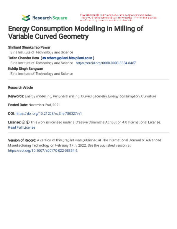 (PDF) Energy Consumption Modelling in Milling of Variable Curved Geometry