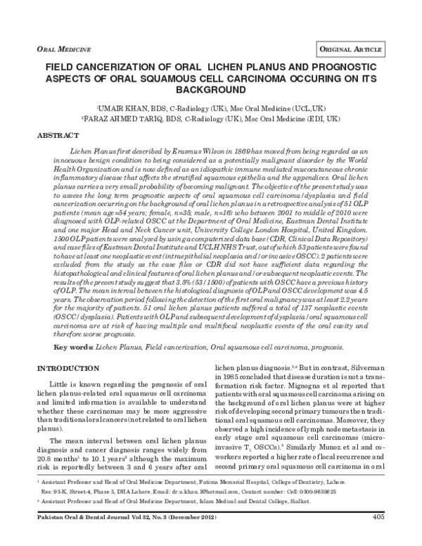 Field Cancerization of Oral Lichen Planus and Prognostic Aspects of ...