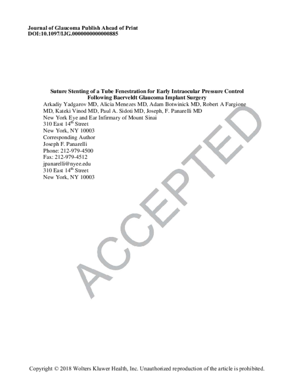 (PDF) Suture Stenting of a Tube Fenestration for Early Intraocular ...