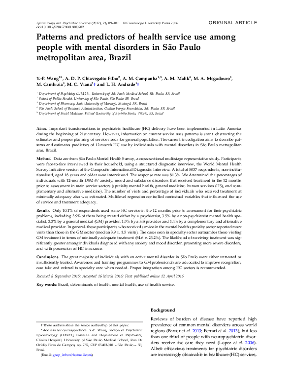 (PDF) Patterns and predictors of health service use among people with mental disorders in São ...