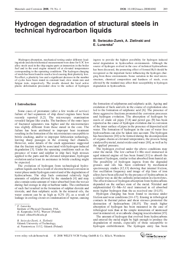 (PDF) Hydrogen degradation of structural steels in technical ...